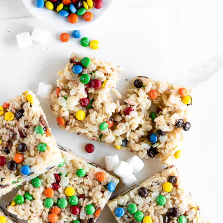 Rice Krispies Treats with M&Ms - doublethespoonfuls.com